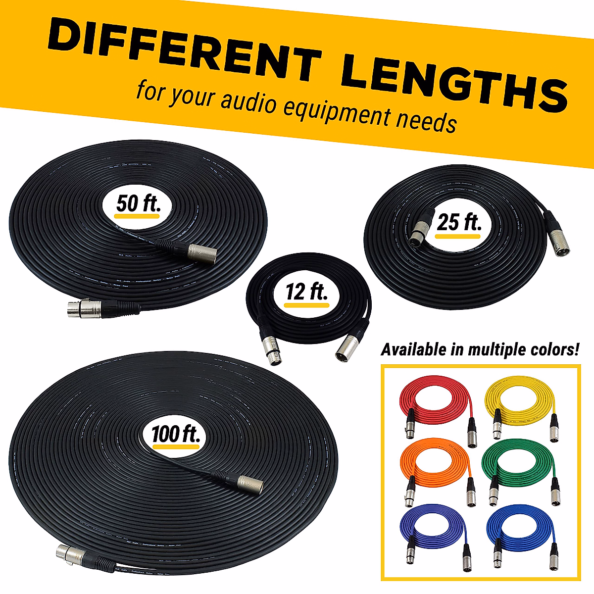 GLS Audio 25ft Mic Cable Patch Cords - XLR Male to XLR Female Black Microphone Cables - 25' Balanced Mike Snake Cord - 5 Pack