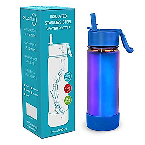 CHILLOUT LIFE 17 oz Insulated Water Bottle with Straw Lid for Kids and Adult + 20 Funny Waterproof Stickers - Perfect for Personalizing Your Kids Metal Water Bottle, Dishwasher Safe Paint - Magic Blue