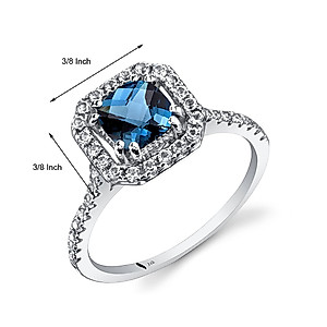PEORA London Blue Topaz Ring for Women 14K White Gold with White Topaz, Genuine Gemstone Birthstone, 1 Carat Cushion Cut 6mm, Halo Design, Size 8