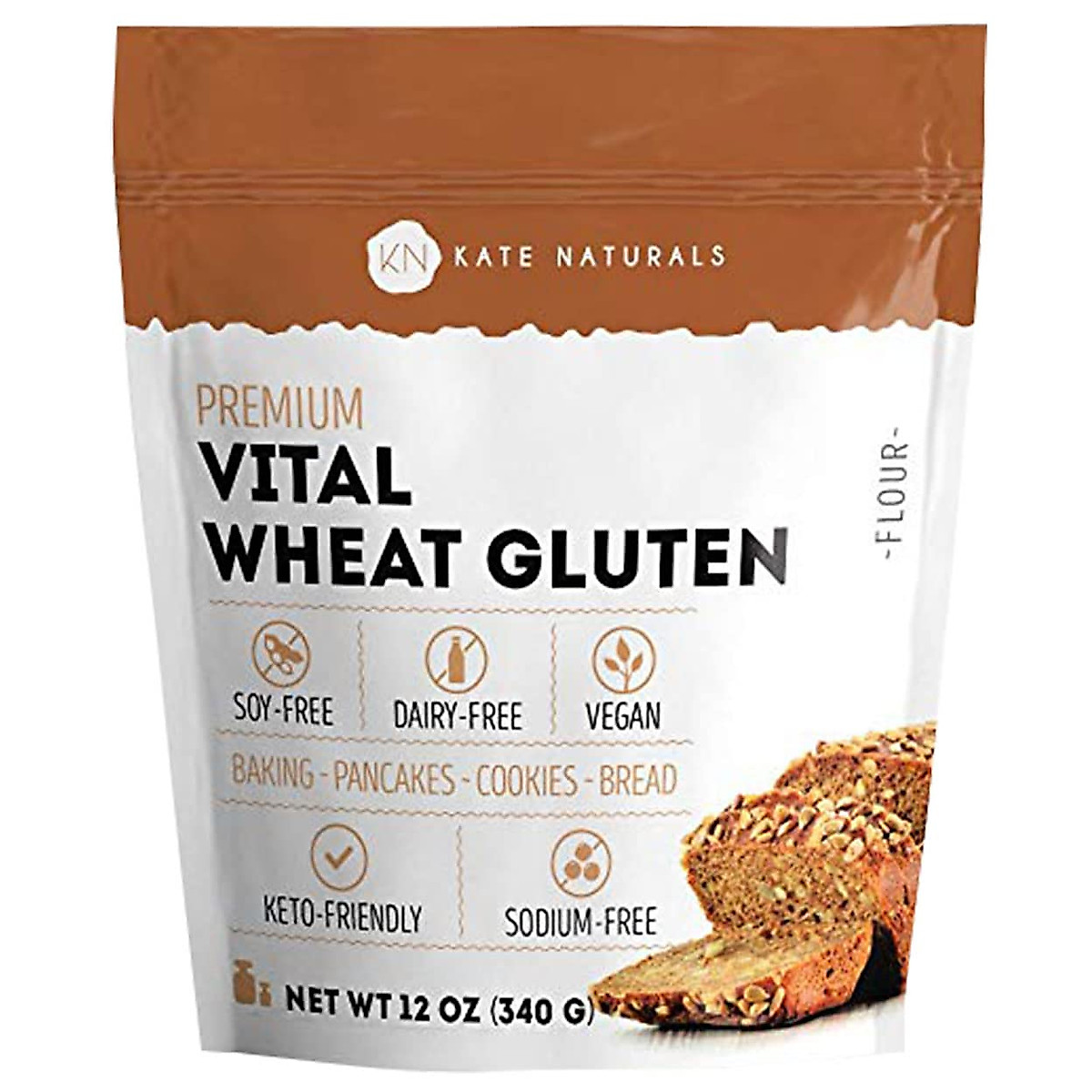 Kate Naturals Vital Wheat Gluten for Bread Making, Baking & Seitan (12oz). Natural Powder for Bread Machine. Non-GMO, High Protein Flour, Low Carb Bread for Vegan Gluten & Keto