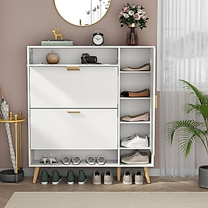Loomie Shoe Cabinet, Shoe Storage Cabinet with 2 Flip Drawers & Side Cabinet, Narrow Shoe Cabinet with Doors, Hidden Shoe Storage with Adjustable Shelf, Slim Shoe Cabinet for Entryway (White)