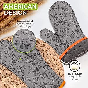 Premium Heat-Resistant Oven Mitts - Stylish and Beautiful - Non-Slip Platinum Silicone Grip - Long and Thick - 100% Natural Cotton Exterior and Soft Terry Cloth Lining - Set of 2 by Cook'n'Chic