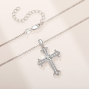 CHIRENMA 925 Sterling Silver Moissanite Cross Pendant Necklace for Women, Silver Women's Cross Necklace, 18"+2" extender chain (cross)