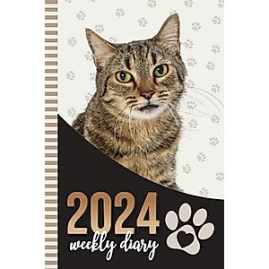 2024 Weekly Diary: 6x9 Dated Personal Organizer / Daily Scheduler With Checklist - To Do List - Note Section - Habit Tracker / Organizing Gift / Brown Tabby Cat - Paw Print Art Cover