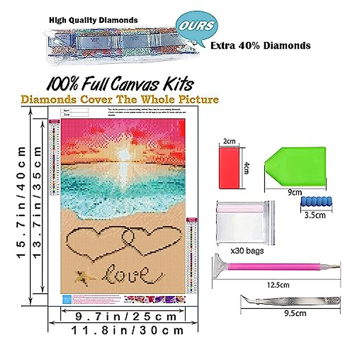 Beach Diamond Painting, Diamond Art Beach Diamond Art Kits Sunset 5D Diamond Painting Kits for Beginners Sea Beach Love Diamond Dot Art Ocean Gem Art Kits for Adults Dimond Art Decor Gifts 12x16Inch
