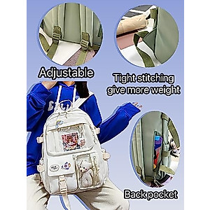 Romlvy Kawaii Backpack with Cute Accessories Aesthetic Multi Pockets Large Capacity Outdoor Backpack Daypack Laptop Backpack (Green)