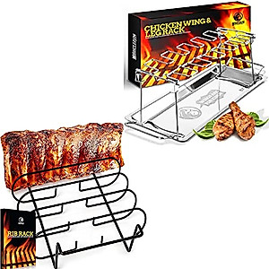 Chicken Drumstick Grill Rack - Large Capacity Smoker Stainless Steel With A Locking Mechanism & Deep Drip Tray Bundle with MOUNTAIN GRILLERS Rib Racks for Smoking Holds 5 Baby Back Ribs - Black