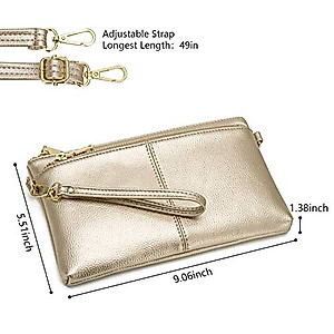 ZOOEASS Triple Zip Small Crossbody Bag Lightweight Purses Vegan Leather Wristlet Clutch, Includes Adjustable Shoulder (Gold)