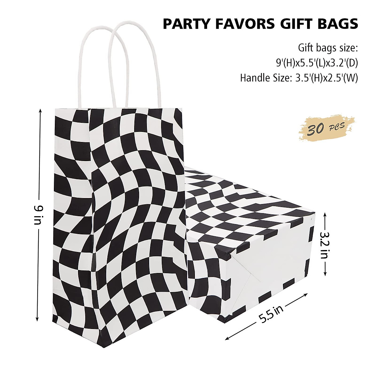 30 pieces Plaid Race Car Favors Paper Bags with Handle, Checkered Racing Gift Bags Bulks, Size 9'(H)x5.5'(L)x3.3'(D) Black and White Checkered Race Car Themed Kraft Paper Bags for Kids Birthday Party