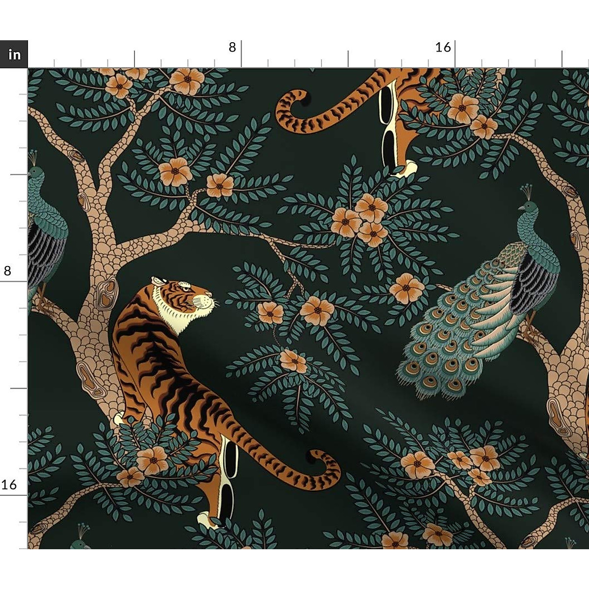 Spoonflower Fabric - Tiger Chinoiserie Bengal Peacock Asian Inspired Dark Teal Orange Printed on Petal Signature Cotton Fabric by The Yard - Sewing Quilting Apparel Crafts Decor