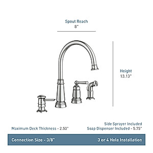 Moen Spot Resist Stainless One-Handle High Arc 4-hole Kitchen Faucet with Side Sprayer and Soap Dispenser, 87042SRS
