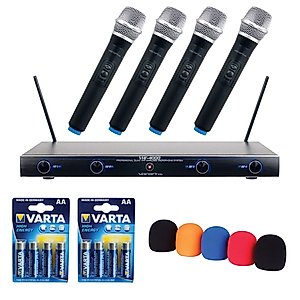 VocoPro VHF-4000-2 Professional Quad VHF Wireless Microphone System with WS-5 Microphone Windscreen Set and AA LR6 Alkaline Battery (4-Pack)