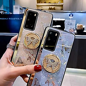 for Samsung Galaxy S22 Case for Women with Ring Stand,Luxury Bling Diamond Pearl Hard Back Cute Butterfly Flower Design,Soft Rugged TPU Bumper Gold Plating Mirror Strip Phone Cover for S22 Pink
