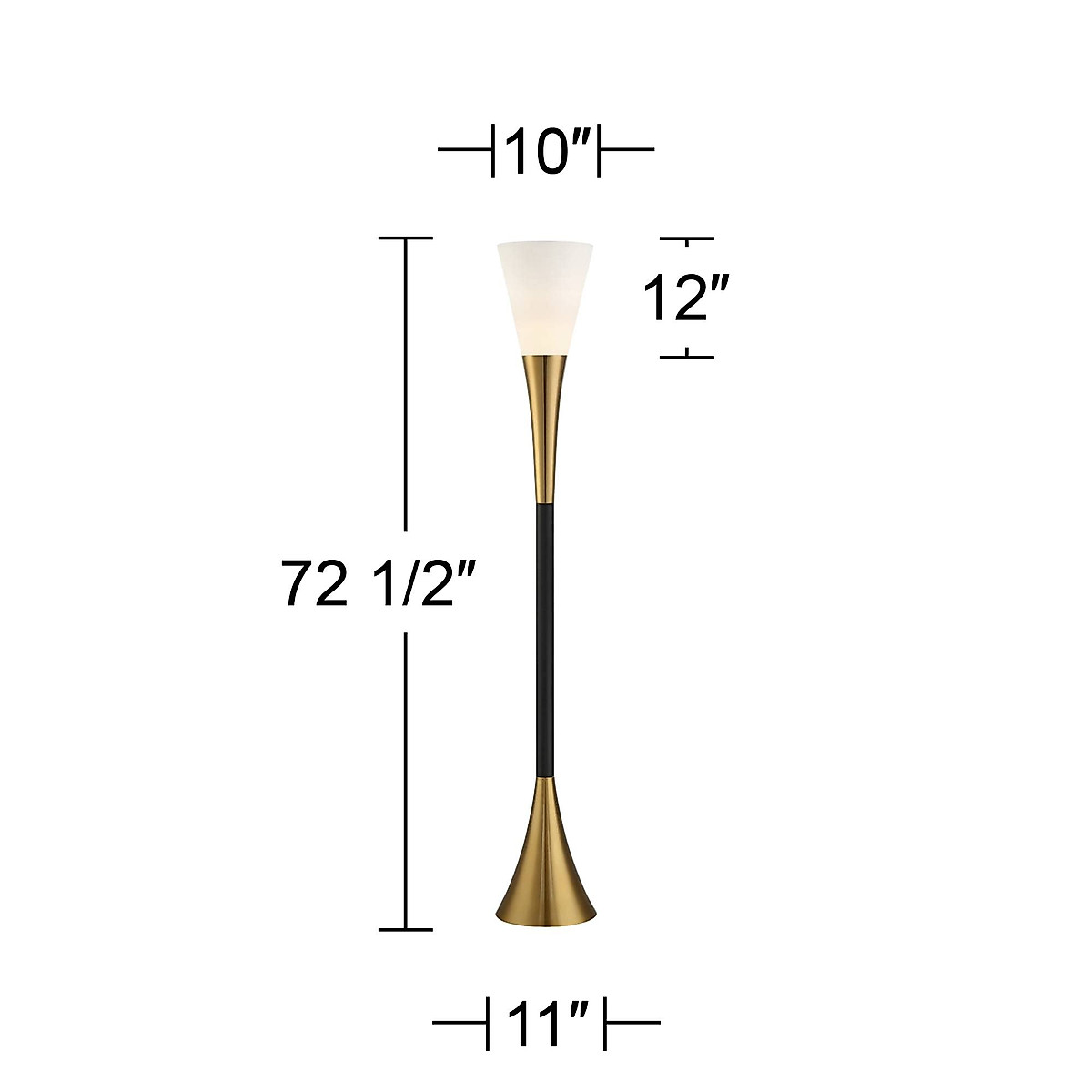 Possini Euro Design Piazza Mid Century Modern Glam Style Torchiere Floor Lamp 72.5" Tall Black Antique Brass Metal White Glass Shade for Living Room Reading House Bedroom Home Office