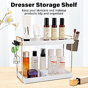 2-Tier Bathroom Counter Organizer, Countertop Perfume Tray and Vanity Organizer, Cosmetic Organizer Countertop, Wood Tray for Kitchen Counter Storage, Bathroom and Skincare Organization - White