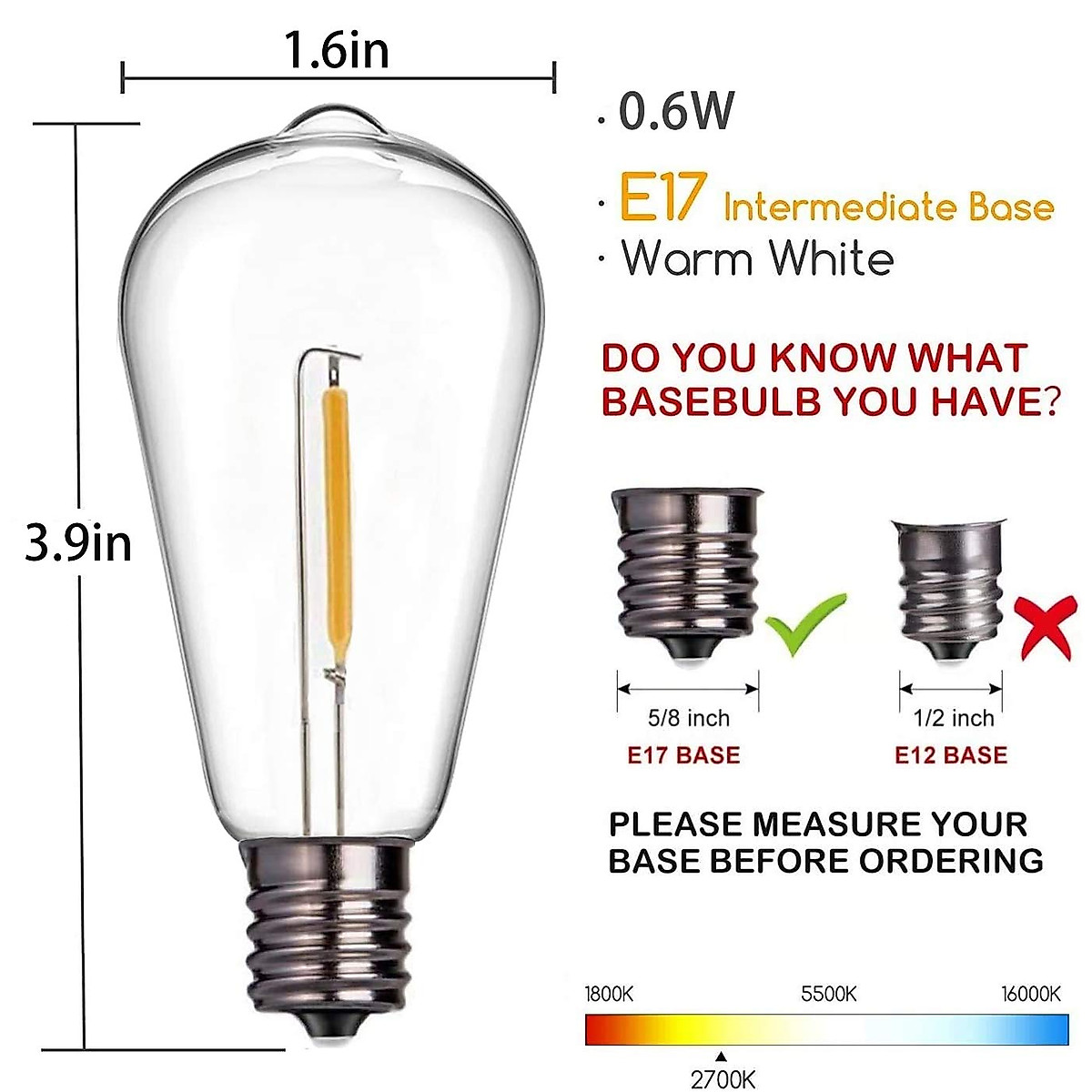 10 Pack Edison LED Light Bulbs, 0.6 watt E17 Screw Base Replacement Bulbs, LED Shatterproof Bulbs ST40 Clear Plastic Light Bulbs for Christmas Outdoor Patio ST40 String Lights, Warm White