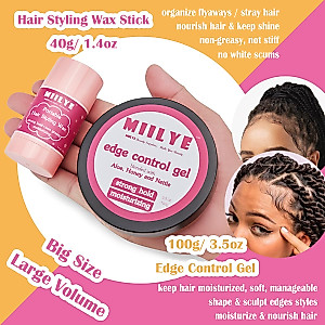 MIILYE Lace Wig Glue and Hair Styling Wax Gel Combo Pack Wig Install Kits, Wig Glue for Front Lace Wig and Remover, Edge Control Gel 3.5oz, Hair Wax Stick, Wig Band, Wig Caps and Edge Brush