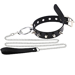 DAMSIL Punk Rivets Choker PU Leather Hauling Chain Collar Metal Ring Gothic Necklace NightClub Neck Accessories Adjustable Buckle (Black)