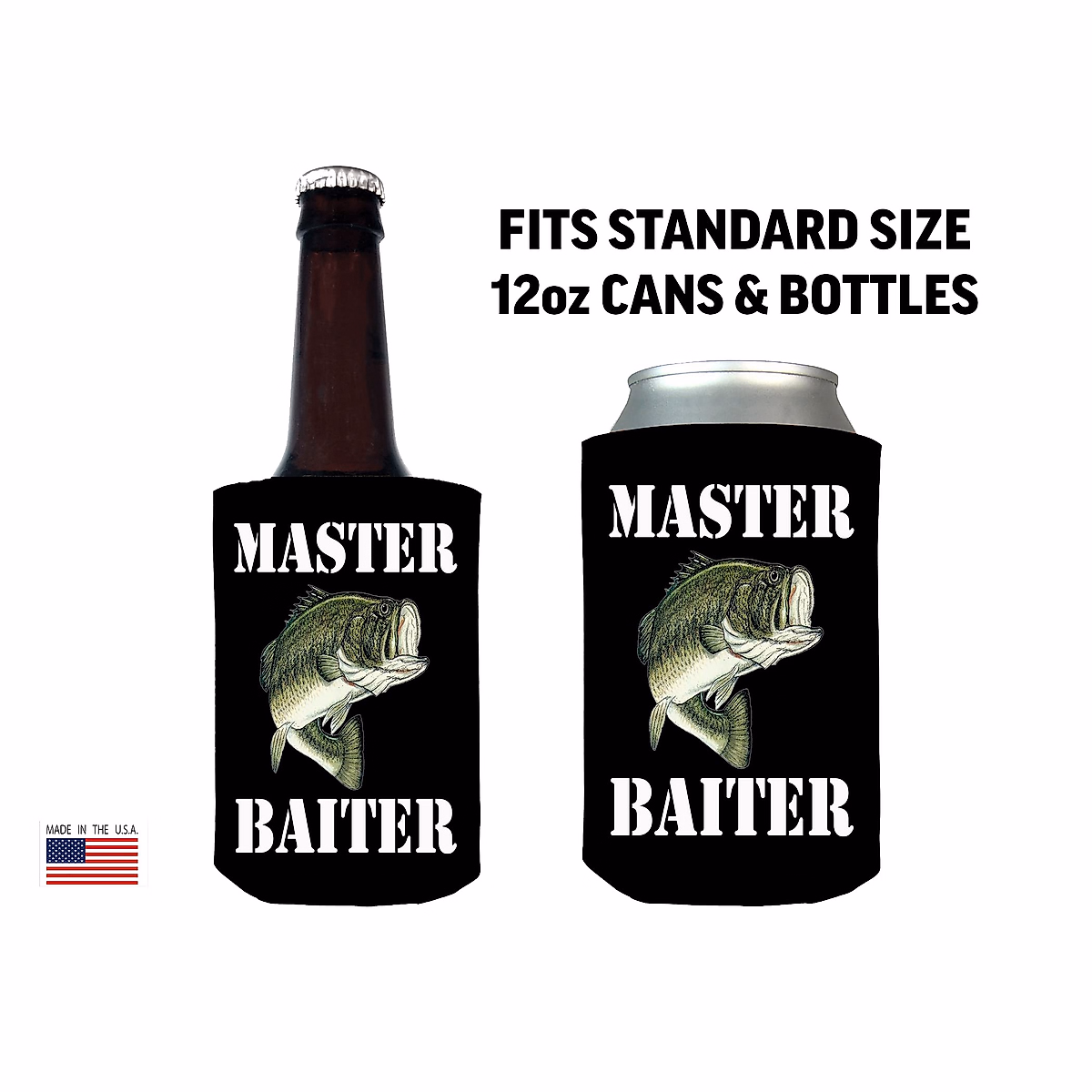Funny Fishing Master Baiter Joke Collapsible Beer Can Bottle Beverage Cooler Sleeves 2 Pack
