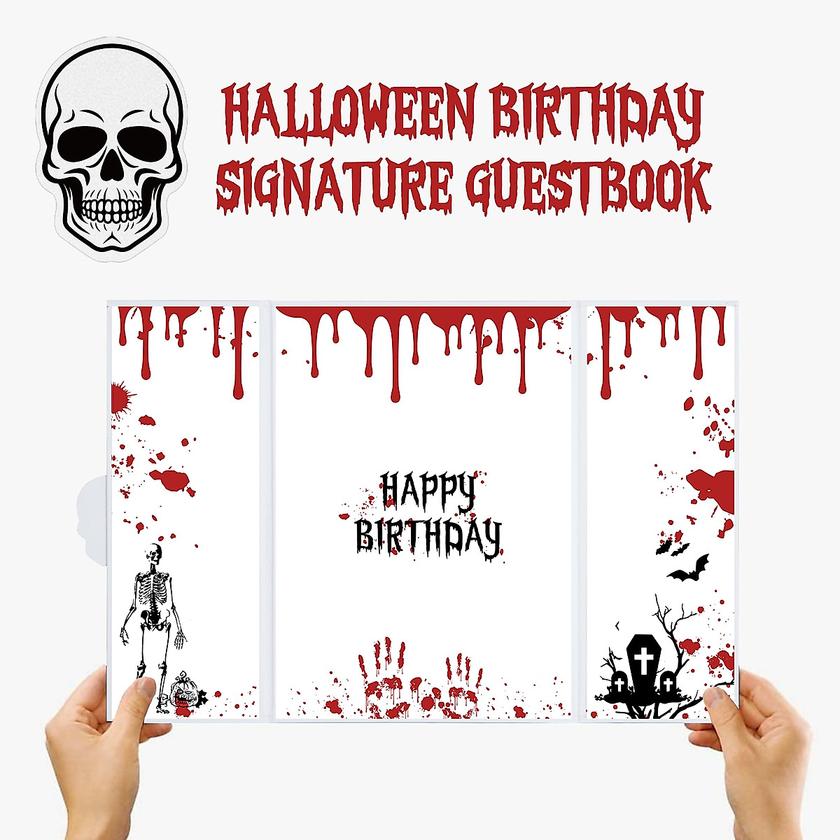 DARUNAXY Halloween Birthday Party Decorations, Red Halloween Happy Birthday Alternative Signature Guest Book Birthday Gifts on Halloween Skull Ghost Birthday Signing Card Party Supply Day of The Dead