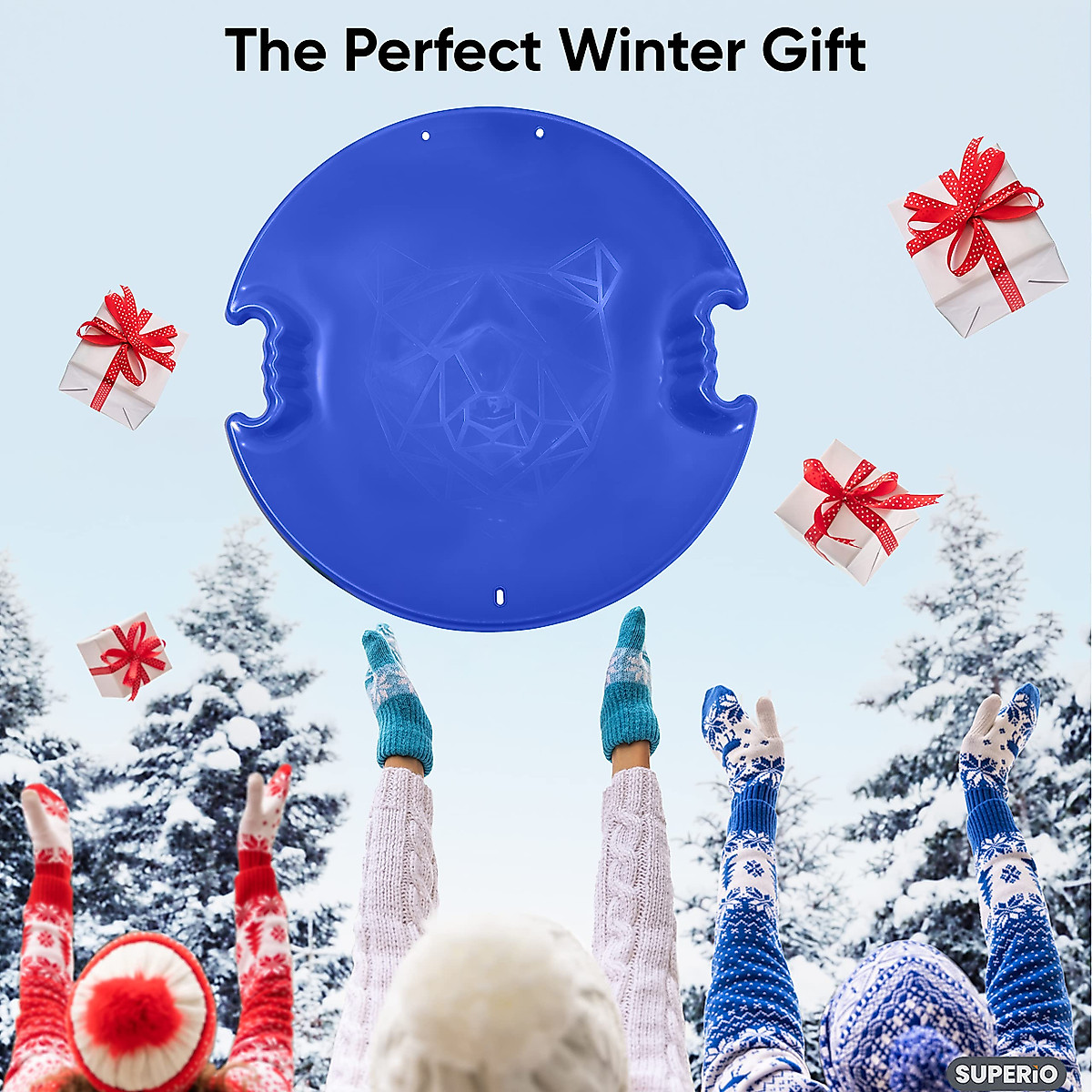 Superio Round Snow Saucer Sleds- 26” Plastic Disc Sleds for Kids and Adults- Heavy Duty Sled Discs with Handles for Downhill Sledding, Winter Outdoor Sports, (Red, Blue)