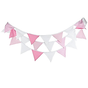 INFEI 5.1M/16.7Ft White Vintage Fabric Flags Bunting Banner Garlands for Wedding, Birthday Party, Outdoor & Home Decoration (Pink)