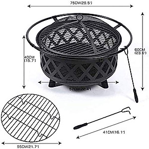 LEAYAN Garden Fire Pit Portable Grill Barbecue Rack Pits Fire Bowl with Handles,Removable Metal Fire Basket with Fire Fork, Patio Garden Multifunctional Fire Pit for Heating/BBQ for Camping