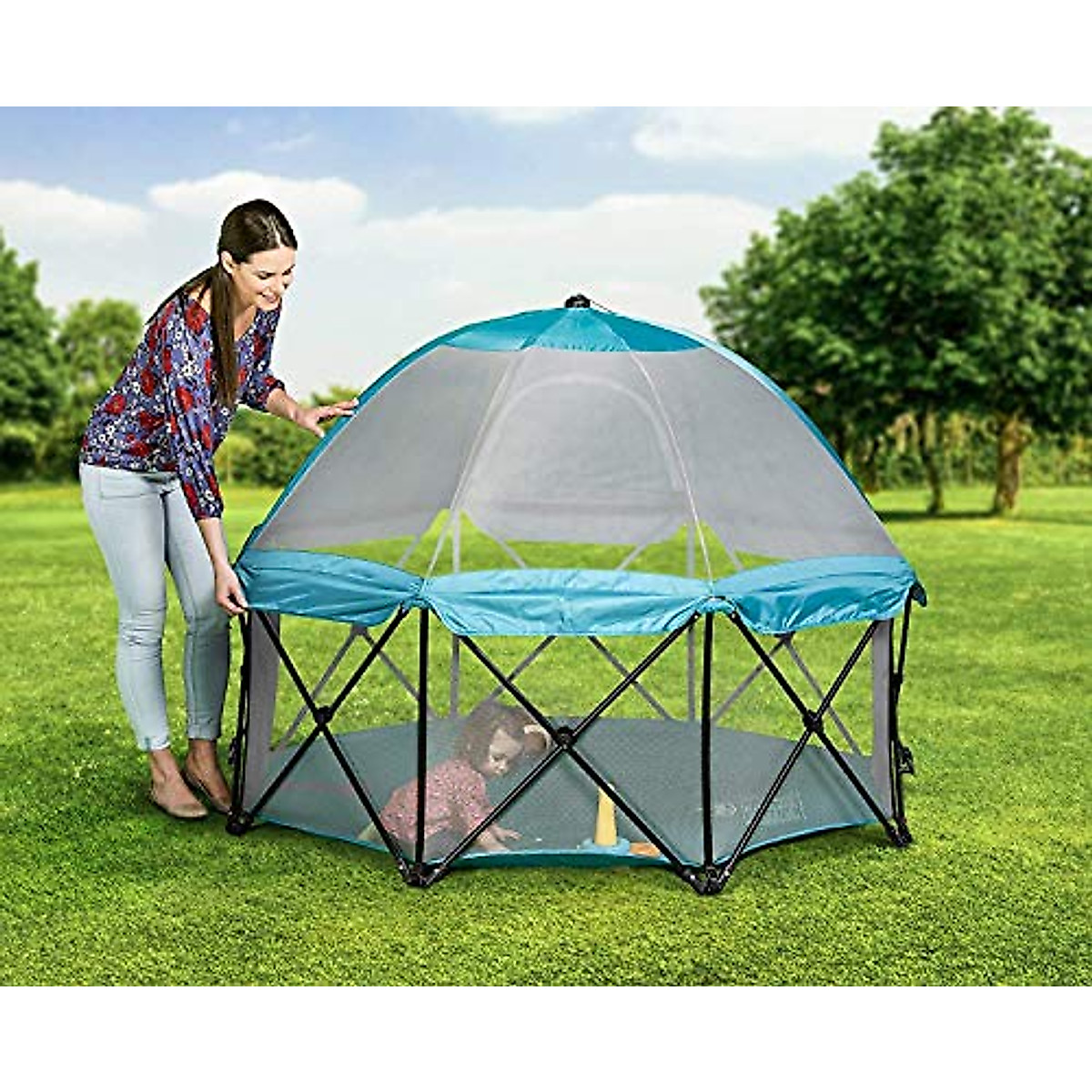 Regalo My Play Deluxe Extra Large Portable Play Yard Indoor and Outdoor, Bonus Kit, Includes a Full Canopy, Washable, Teal, 8-Panel