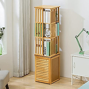 MoNiBloom Bamboo Rotating Bookcase Storage Cabinet with Door, 3 Tier Open Shelves Free Standing Bookshelf Display Organize for Living Room Bedroom, Natural