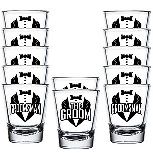 shop4ever The Groom and Groomsman Tuxedo Glass Shot Glasses Wedding Bachelor Party Shot Glasses (12 Pk, Groomsman Tux)