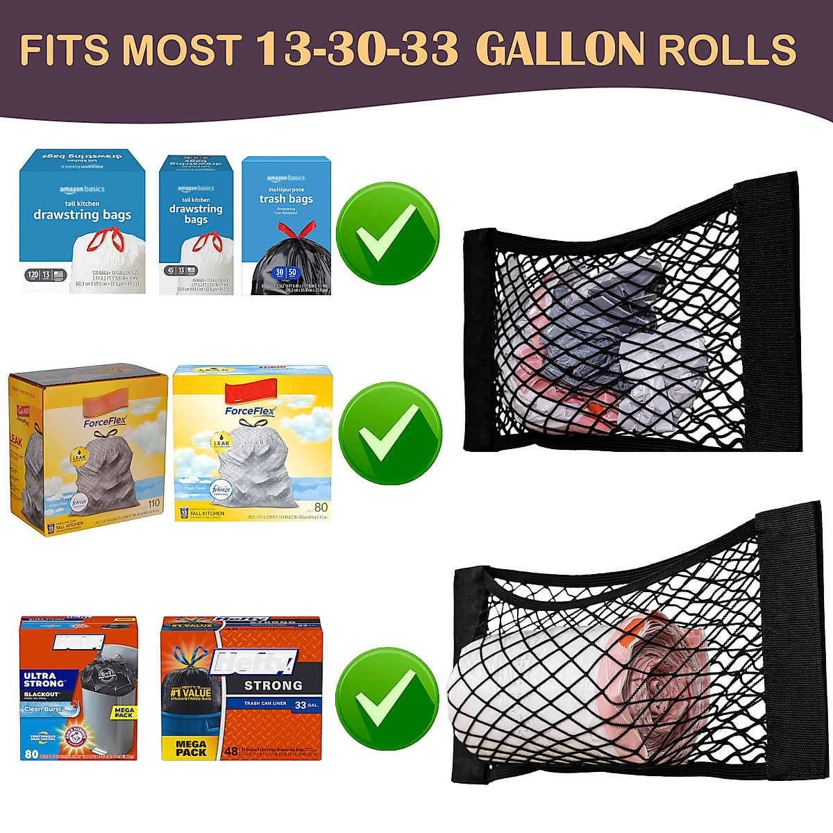 Nelspen Extra Large Trash Bag Holder Mesh Storage Net Grocery Bag Organizer Dispenser for Aluminum Foil, Garbage Bag, Plastic Wrap, Shopping Bag Under Sink Cargo Organizers for Home and Wall Mounted