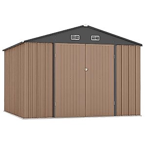 10x8 FT Metal Outdoor Storage Shed, Zstar Steel Utility Tool Shed Storage House with Lockable Door Design, Metal Sheds Outdoor Storage for Garden, Patio, Backyard, Outside Use, Brown