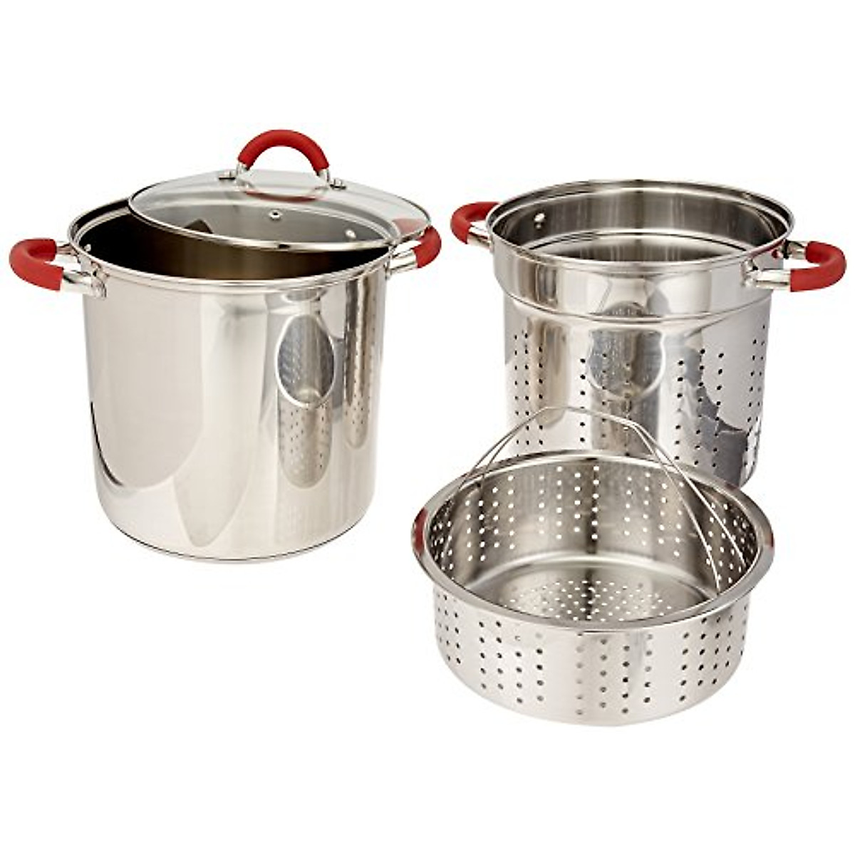 EXCELSTEEL 12 Qt Multifunction Stainless Steel Pasta Cooker with Encapsulated Base, Vented Glass Lid, and Riveted Silicone Covered Handles, 10"D x 13.75"W x 14"H