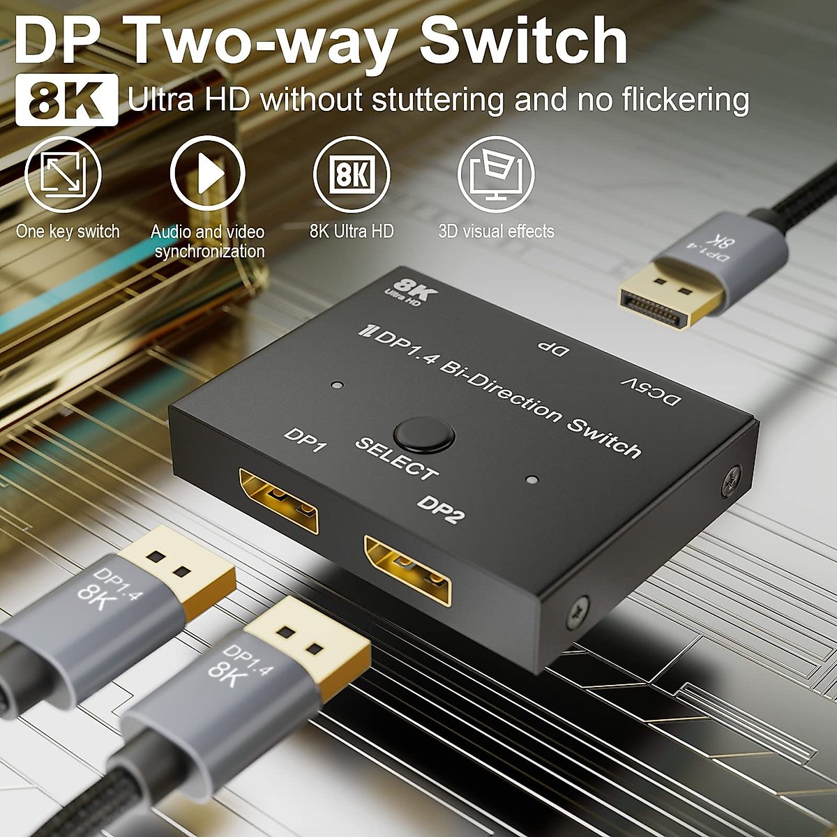DisplayPort Switch 8K Bidirectional Splitter 2 in 1 Out/1 in 2 Out DP 1.4 Switcher Supports 8K@30Hz, 4K@120Hz, 4K@60Hz for 2 Computers 1 Monitor ConnBull®