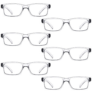 LUR READING GLASSES 6 Pack Spring Hinge Comfort Plastic Readers (Clear)