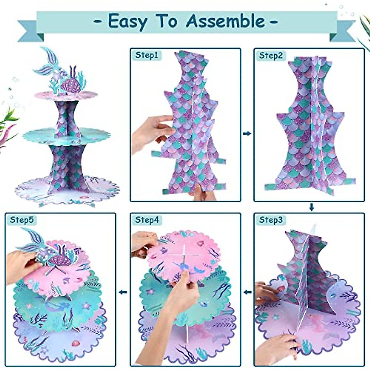 Mermaid Cake Stand 3 Tier Mermaid Party Supplies Mermaid Tail Cupcake Stand Holder for Girls Under The Sea Mermaid Theme Party Baby Shower Birthday Party Favors