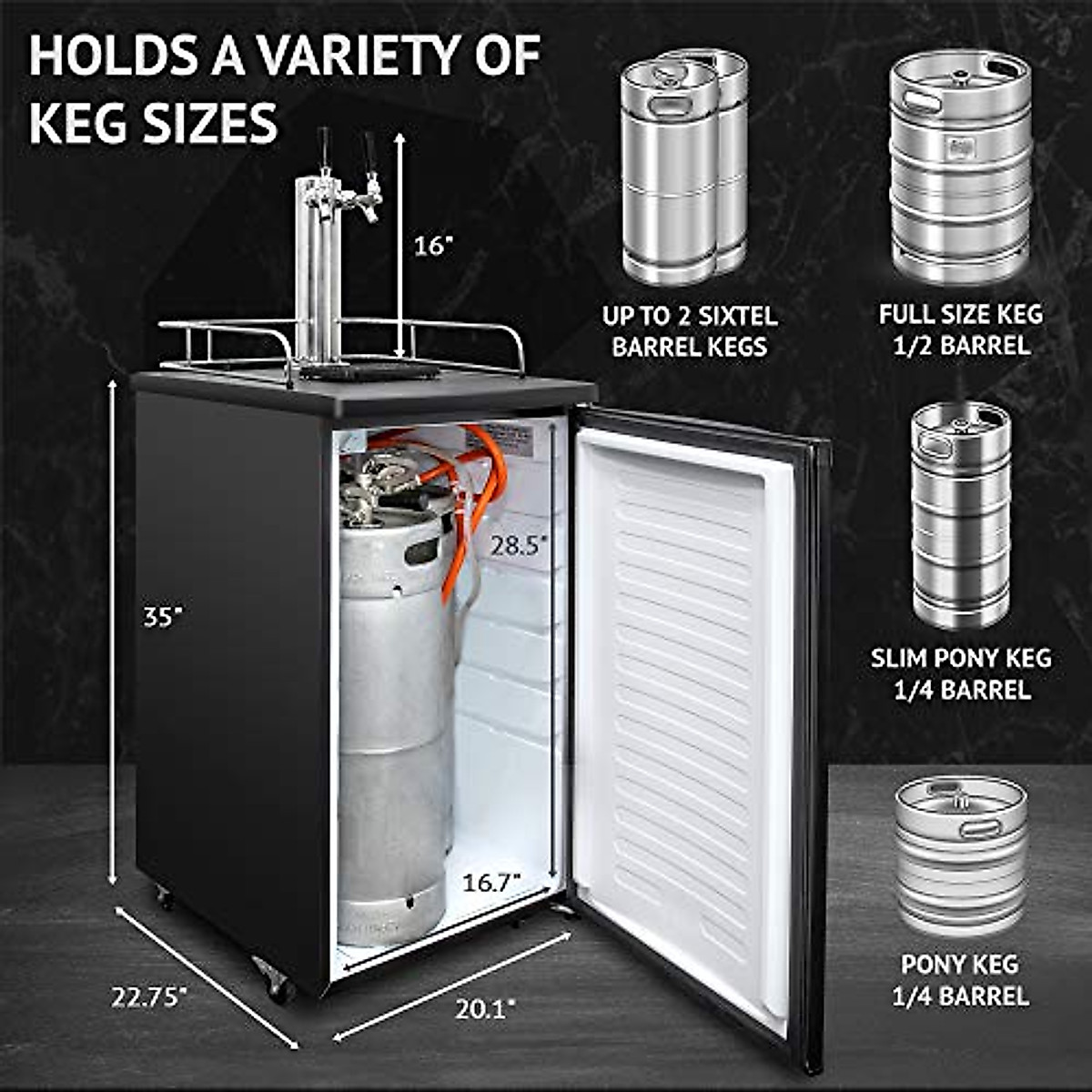 Ivation Full Size Kegerator | Dual Tap Draft Beer Dispenser & Universal Beverage Cooler | Mounted CO2 Cylinder, Temperature Control, Drip Tray & Rail | Fits 1/2 Keg, 1/4 Pony Keg, (2) 1/6 Kegs (Black)