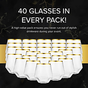 40 Pack Diamond Wine Glasses 12 oz - Elegant & Unbreakable Plastic Cocktail Glasses for Indoor and Outdoor Fancy Occasions - Premium Plastic Stemless Disposable Wine Glasses with Diamond Shape
