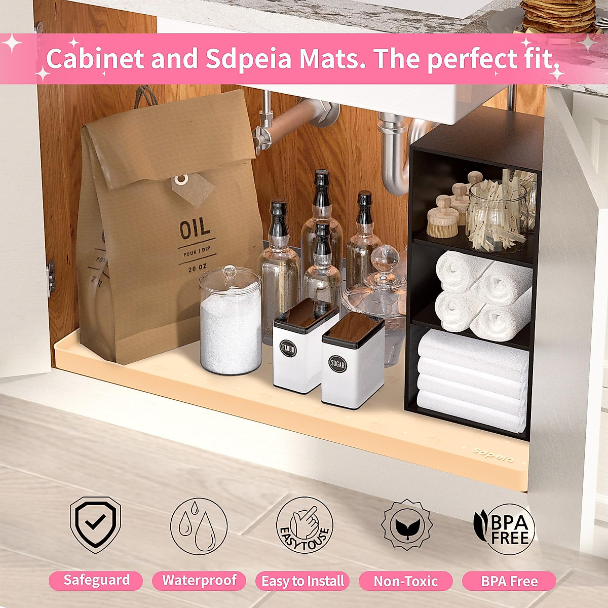 Sdpeia Under Sink Mat for [34" x 22"] Cabinet, Upgraded Silicone Waterproof Mat Kitchen Cabinet Liner Cabinet Protector Kitchen Organizers and Storage