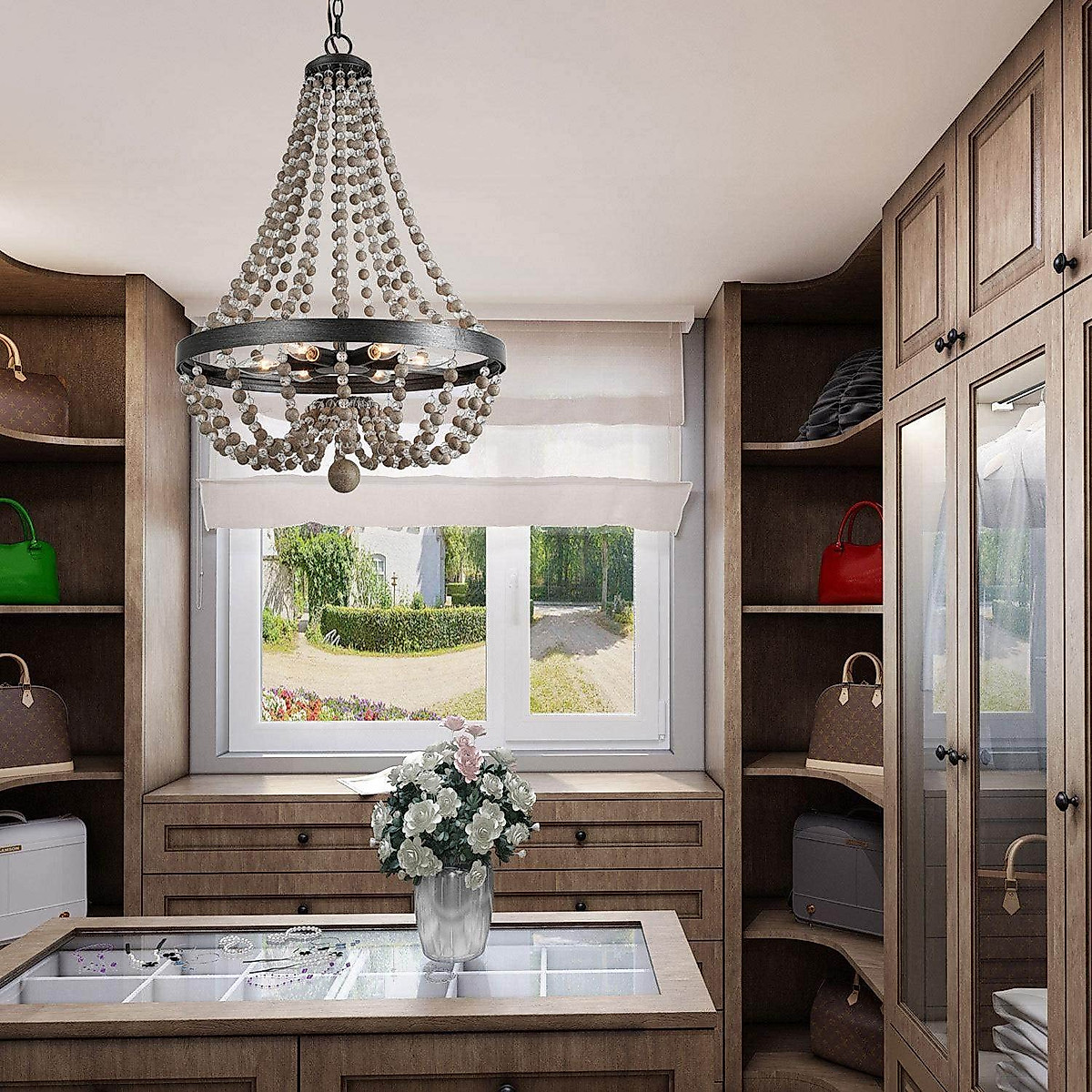 LALUZ Farmhouse Chandelier, Boho Light Fixture for Dining Room, Bedroom, Handmade Wood Beads, 6-Light, 28.3" H x 20.1" W