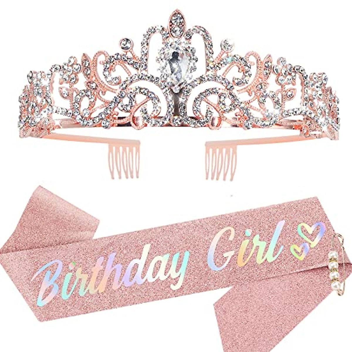 Birthday Crowns for Women, Unique Birthday Girl Sash, Rose Gold Metal Birthday Tiara for Women, Princess Birthday Headband Rhinestone Crown Bday Happy Birthday Party Decorations