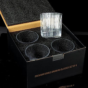 Huge Estate Premium Old Fashioned Cocktail Glasses 10 OZ with Luxury Box for Whiskey, Gin, Bourbon, and Mixed Drinks, 4 Pc. Set, Ribbed Glassware for Home Bars or Kitchens, Modern Glass Cups
