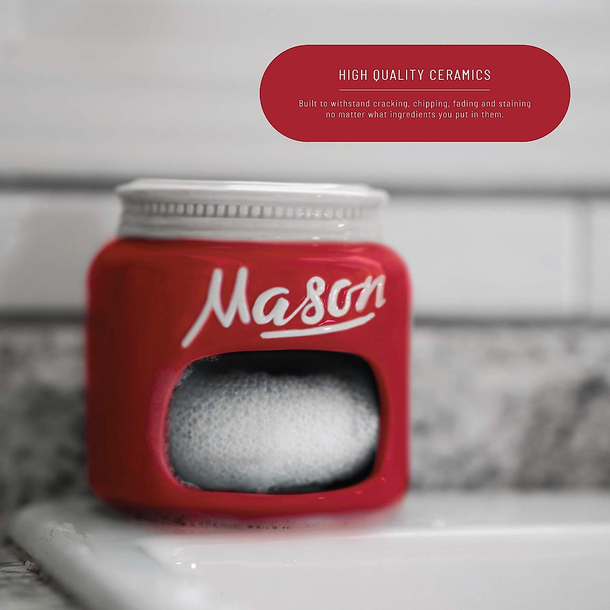 Red Ceramic Mason Jar Kitchen Sponge Holder – Farmhouse Kitchen Decor Sponge Caddy - Kitchen Sink Organizer Ceramic Sponge Holder - Kitchen Organizer Retro Decor for Cute Kitchen Accessories (Red)