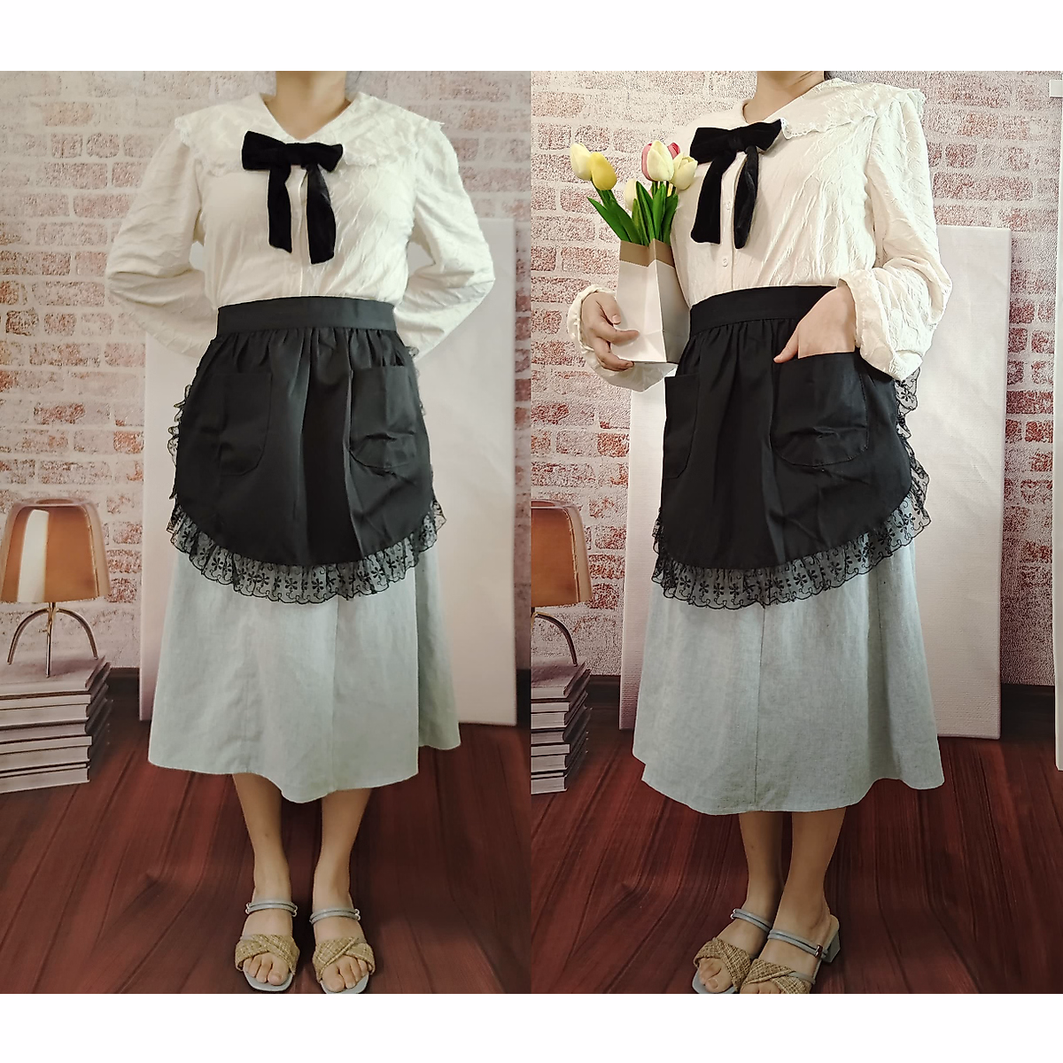 Vanoker Chef White Cotton Waist Aprons Home Kitchen Restaurant Photo Props Florist Shop Maid Waiter Waitress Lace Half Apron (White, 19.6L)