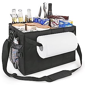 HAWENON Picnic and Grill Caddy with Paper Towel Holder, Large BBQ Organizer for Outdoor Camping, Collapsible & Easy Carry Griddle Caddy for Utensil, Plate, Portable Bag for Travel, Trunk, RV