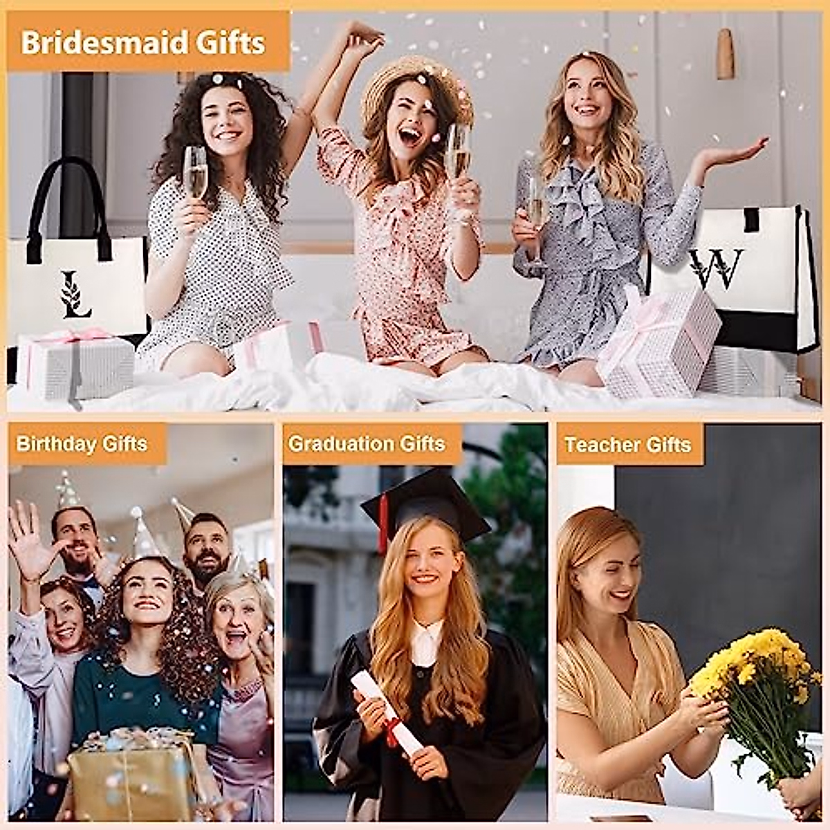 AUNOOL Initial Tote Bag with Zipper and Pockets Birthday Gifts for Women Canvas Beach Bag with Strap Personalized Present Bag for Wedding Christmas Holiday Bridal Shower Gift Bridesmaid Gifts Letter S