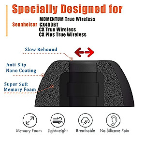 Luckvan Memory Foam Ear Tips for Sennheiser Momentum True Wireless 2 Replacement Earbuds Tips for Sennheiser CX True Wireless 3 Pairs LMS Black
