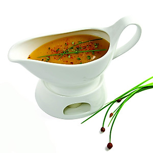 Norpro Porcelain Gravy Sauce Boat with Stand and Candle, 16oz, White