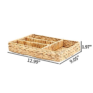 YAHUAN Water Hyacinth Divided Storage Basket Silverware Organizer for Drawer Decorative Woven Water Hyacinth Rectangular 4 Compartment Severing Tray (Water Hyacinth)