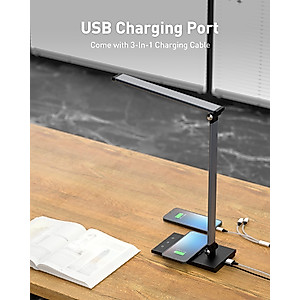 FOCASEY LED Desk Lamp with Wireless Charger,USB Charging Port,Eye-Caring Desk Lamps for Home Office,Touch Control Table Lamp with 25 Lighting Modes,Desk Light for Study,Reading,Office,Black